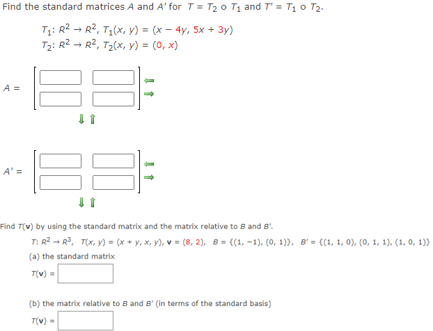 Solved Find the standard matrices A and A′ for T=T2∘T1 and | Chegg.com