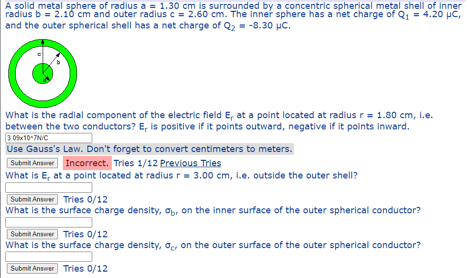 Solved A solid metal sphere of radius a=1.30cm ﻿is | Chegg.com