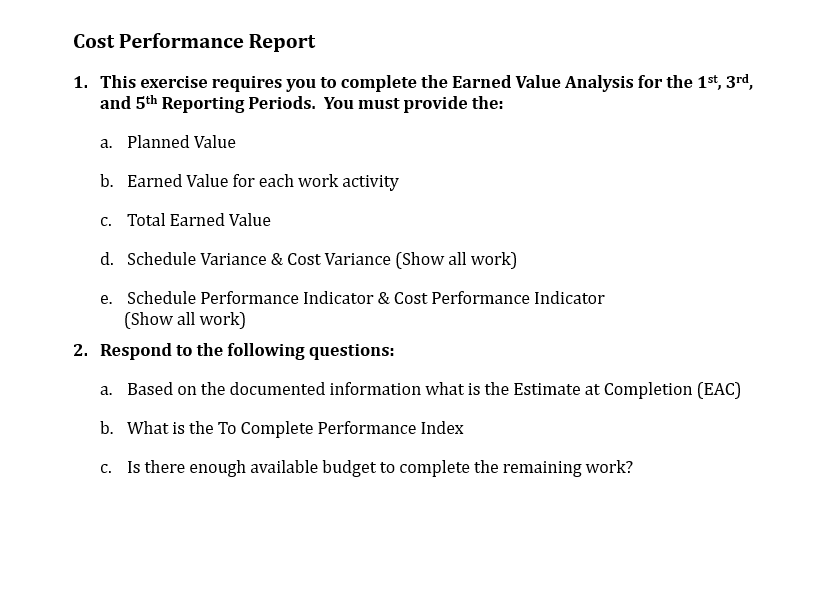 Solved Cost Performance ReportThis exercise requires you to | Chegg.com