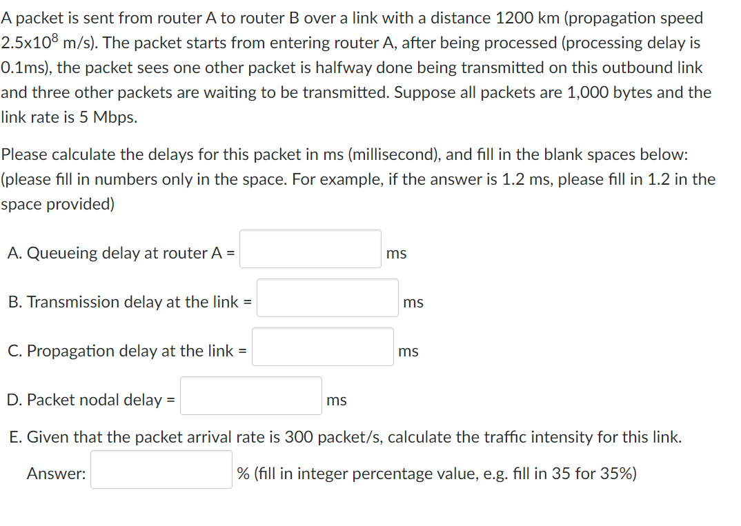 Solved A packet is sent from router A to router B over a | Chegg.com