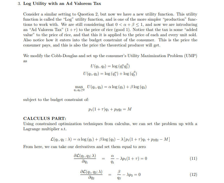 Solved 3. Log Utility with an Ad Valorem Tax Consider a | Chegg.com