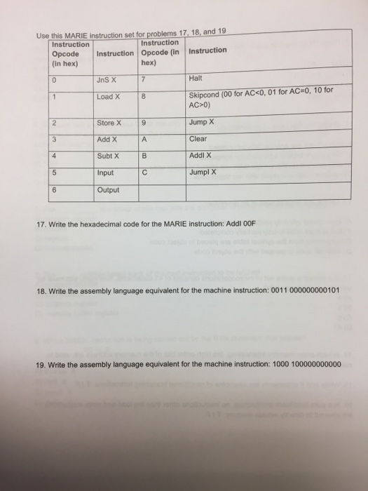 Solved Use this MARIE instruction set for problems 17, 18 | Chegg.com