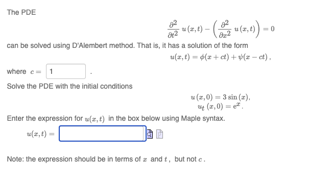 Solved The PDEdel2delt2u(x,t)-(del2delx2u(x,t))=0can be | Chegg.com