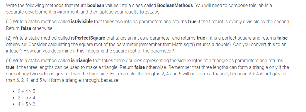 Solved Write the following methods that return boolean | Chegg.com