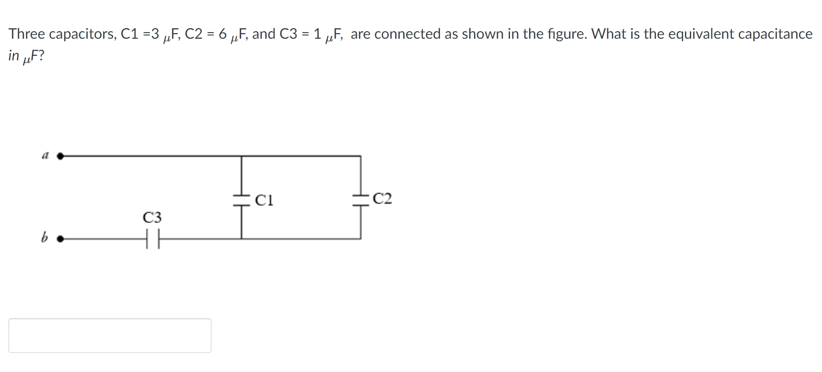 Solved Three capacitors, C1=3μF,C2=6μF, and C3=1μF, are | Chegg.com