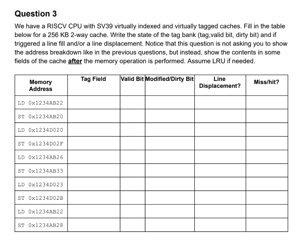 Question 3 We have a RISCV CPU with SV39 virtually | Chegg.com