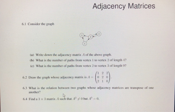 Solved Adjacency Matrices 6.1 Consider the graph (a) Write | Chegg.com