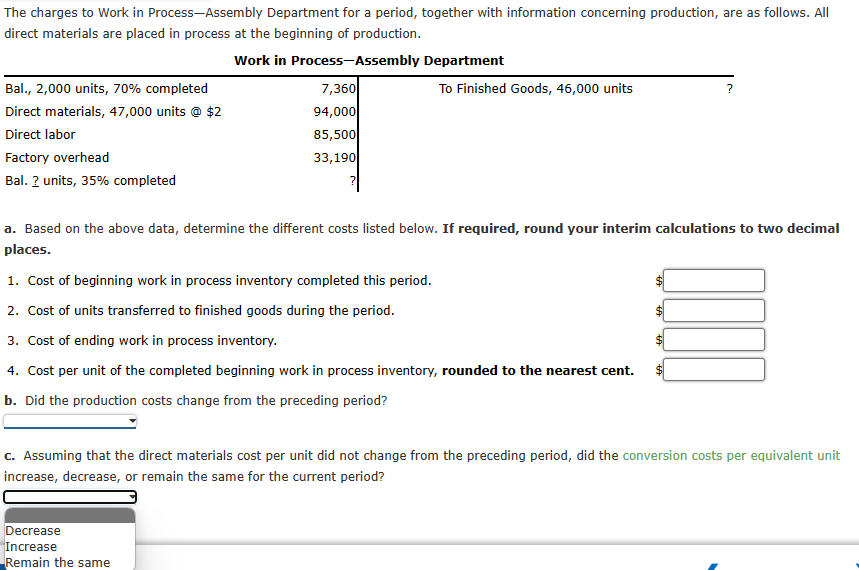 Solved The charges to Work in Process-Assembly Department | Chegg.com