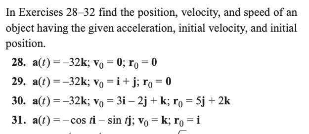 Solved In Exercises 28–32 find the position, velocity, and | Chegg.com