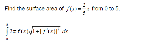 Solved Find the surface area of f(x)=52x from 0 to 5 . | Chegg.com