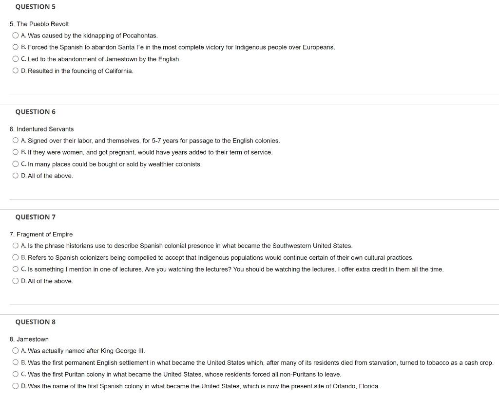 5. The Pueblo Revolt A. Was caused by the kidnapping | Chegg.com