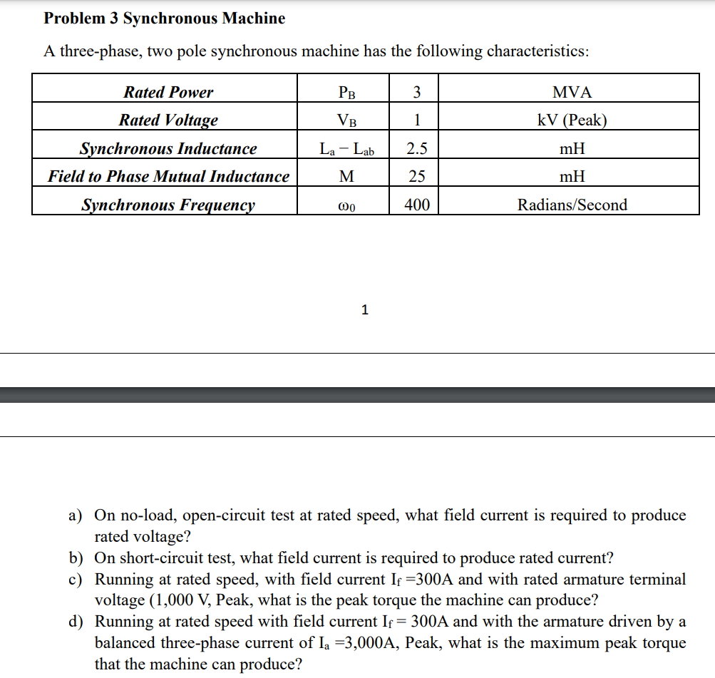 Solved Problem 3 ﻿Synchronous MachineA three-phase, two pole | Chegg.com