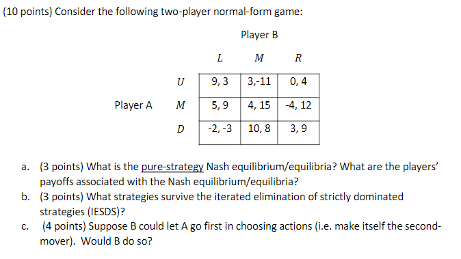 Solved (10 points) Consider the following two-player | Chegg.com
