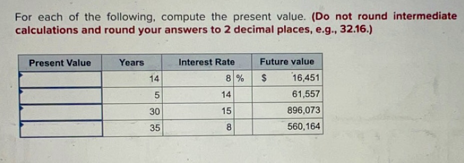 Solved Calculating Present ValuesFor each of the following, | Chegg.com