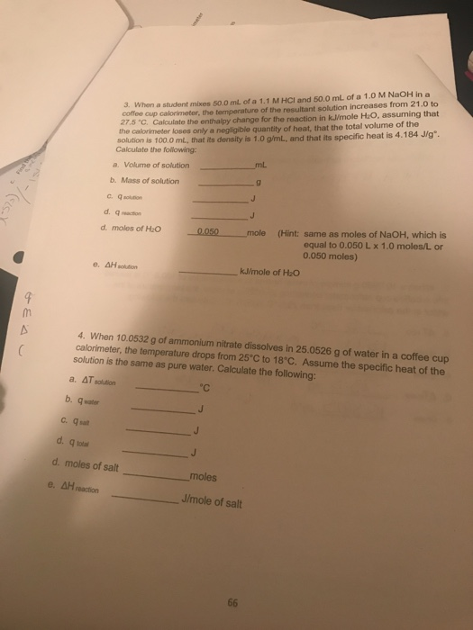 Solved 3. When a student mixes 50.0 mL of a 1.1 M HCI and | Chegg.com
