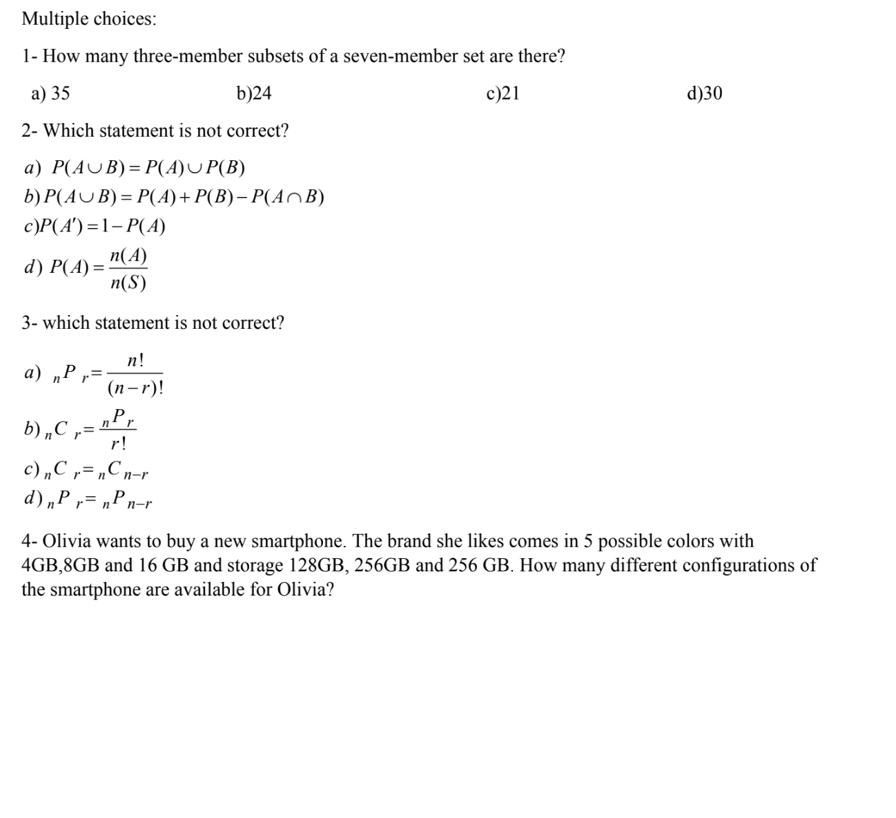 Solved Multiple choices: 1- How many three-member subsets of | Chegg.com