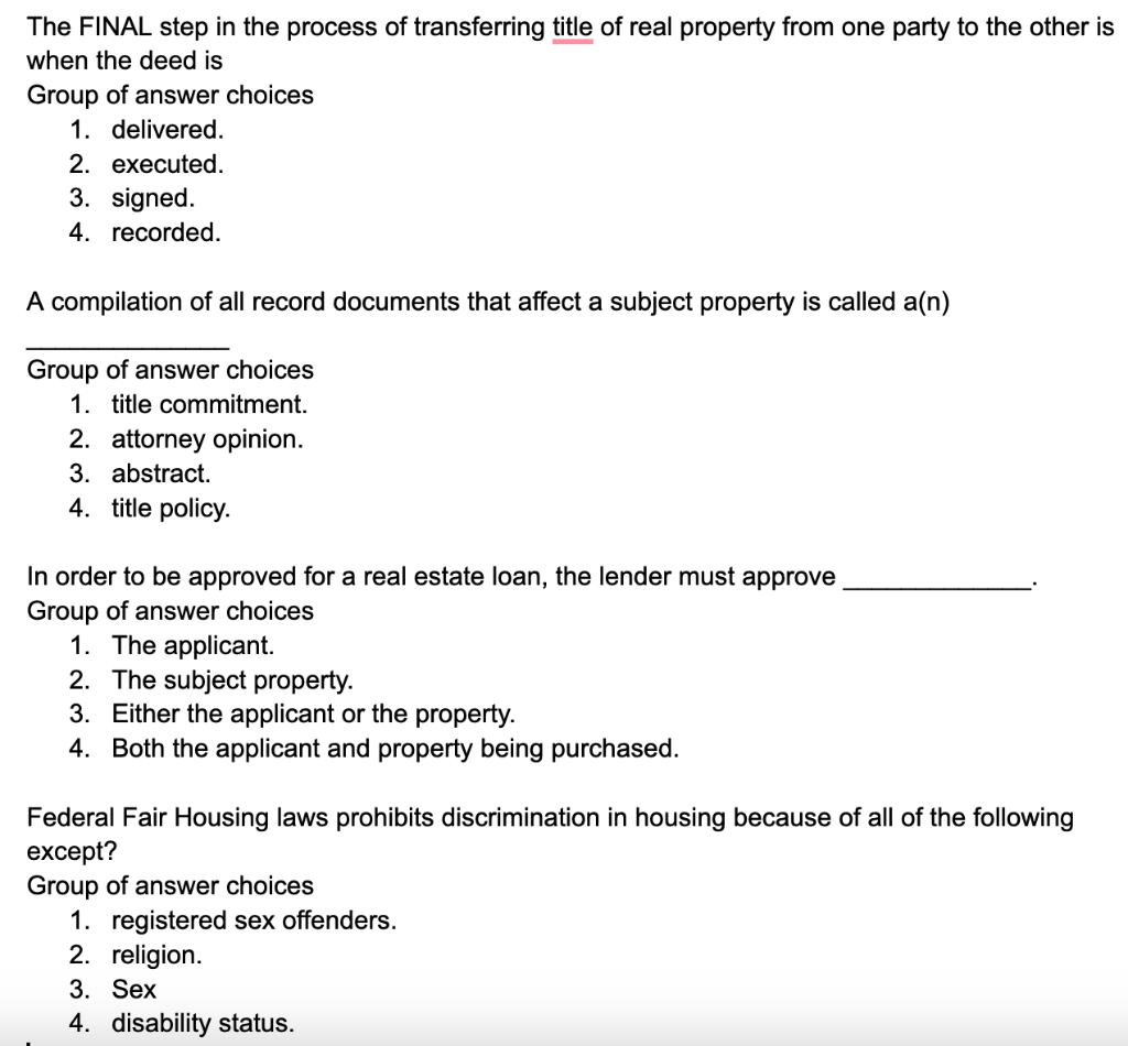 Solved The FINAL step in the process of transferring title | Chegg.com