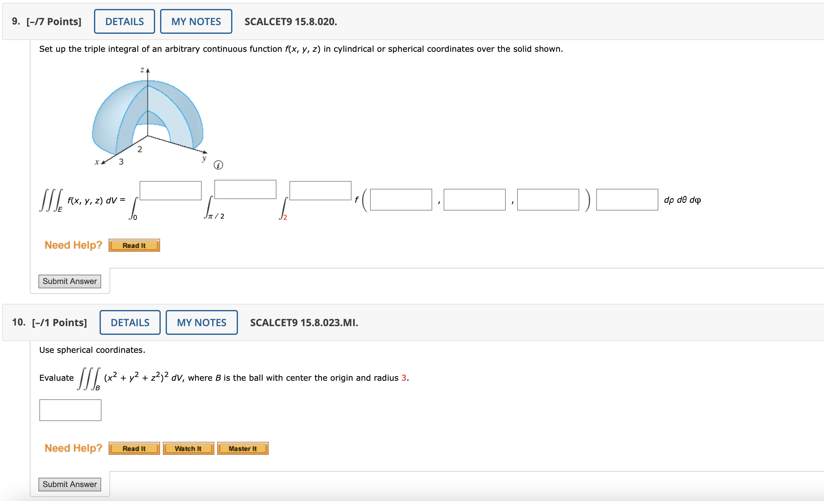 Solved [-/7 ﻿Points]SCALCET9 15.8.020.Set up the triple | Chegg.com