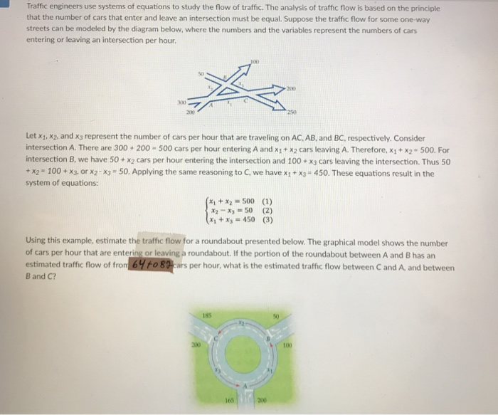 Solved Traffic engineers use systems of equations to study | Chegg.com