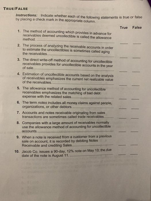 Solved TRUE/FALSE Instructions: Indicate whether each of the | Chegg.com