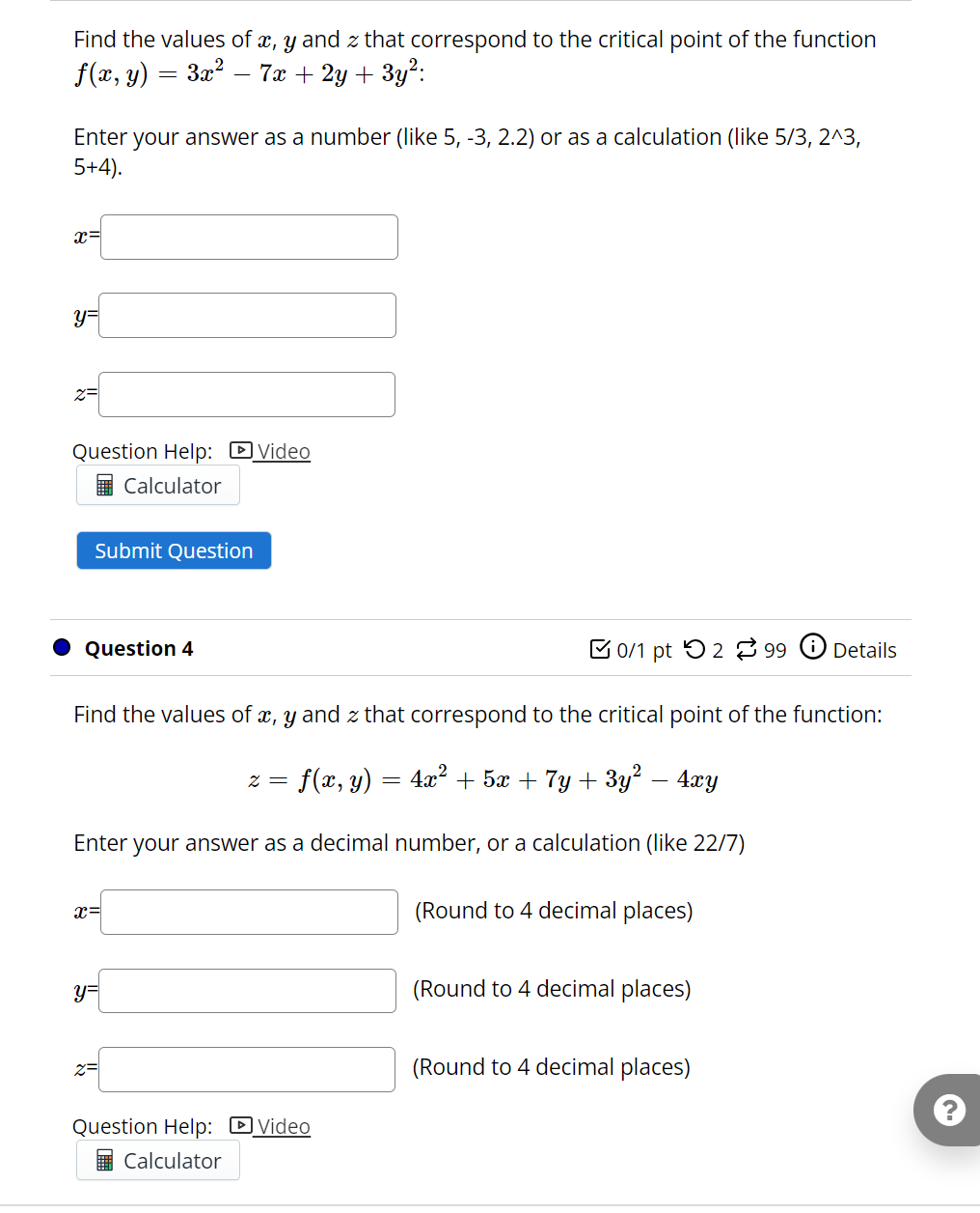Solved Find the values of x, y and z that correspond to the | Chegg.com