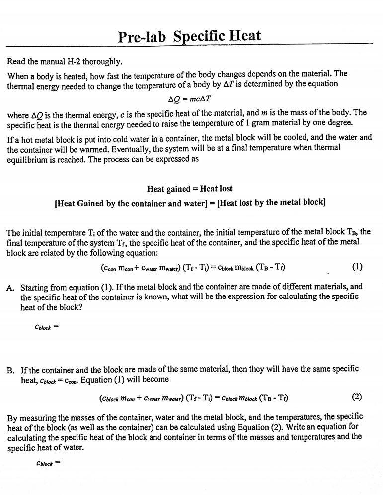 Solved Pre-lab Specific Heat Read the manual H-2 thoroughly. | Chegg.com