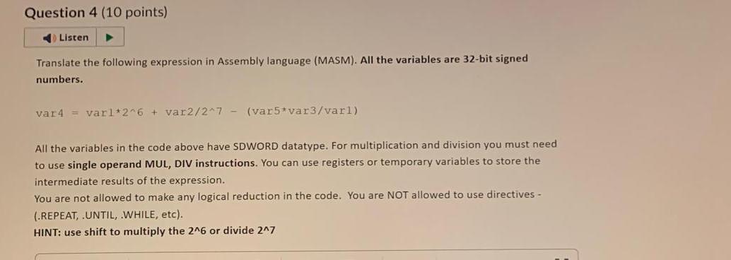 Solved Translate the following expression in Assembly | Chegg.com