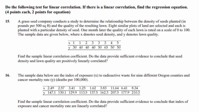 Solved Do the following test for linear correlation. If | Chegg.com