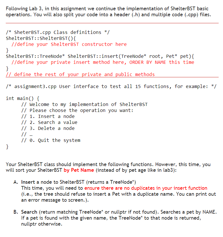 Solved Your ShelterBST class should implement the following | Chegg.com