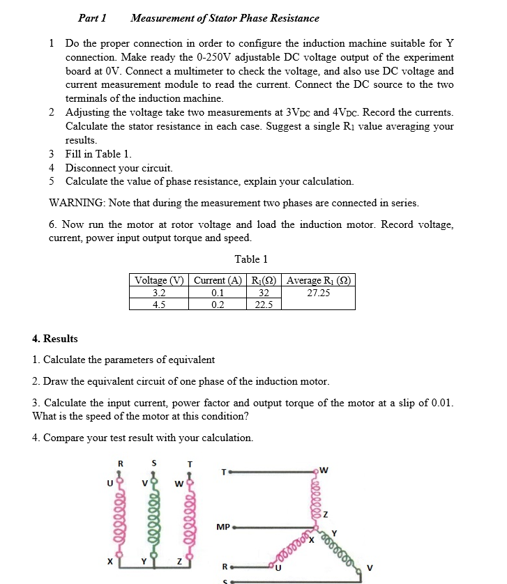 Part 1 Measurement of Stator Phase Resistance 1 Do | Chegg.com