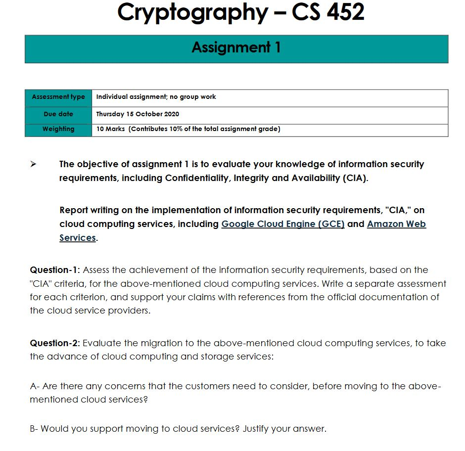 Solved Cryptography - CS 452 Assignment 1 Assessment type | Chegg.com