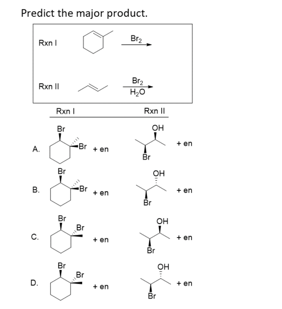Solved Predict the major product. Rxn I Rxn II H2O Br2 Rxn | Chegg.com