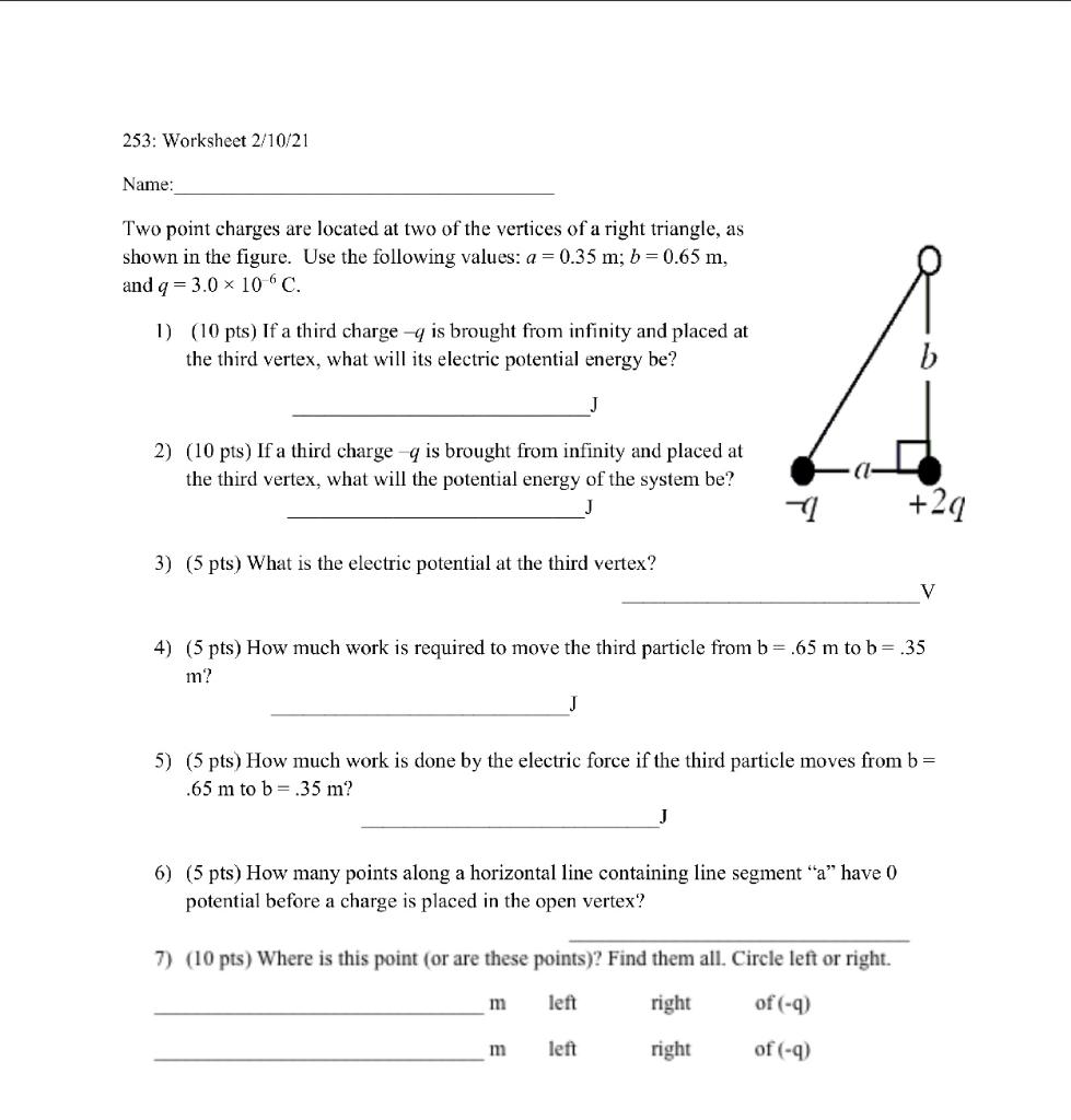 Solved 253: Worksheet 2/10/21 Name: Two point charges are | Chegg.com