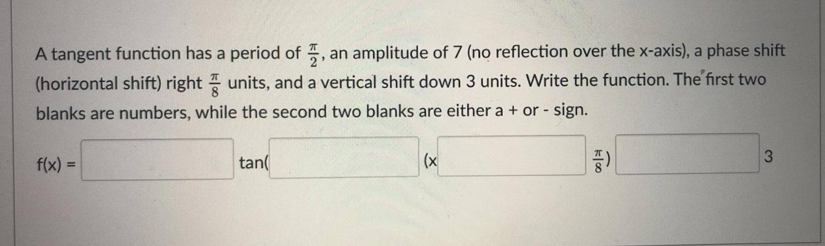 Solved A tangent function has a period of π2, ﻿an amplitude | Chegg.com