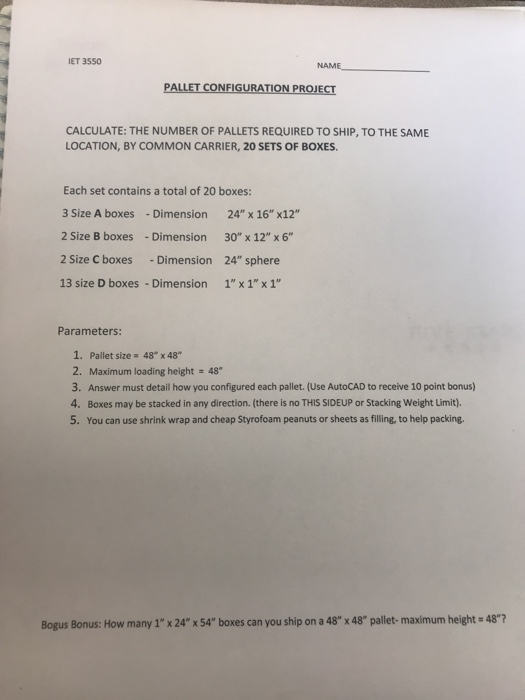 Solved ET 3550 NAME PALLET CONFIGURATION PROJECT CALCULATE: | Chegg.com