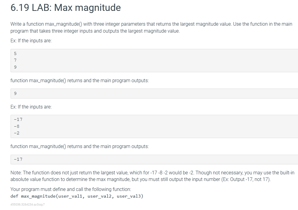 Solved Write a function max_magnitude() with three integer | Chegg.com