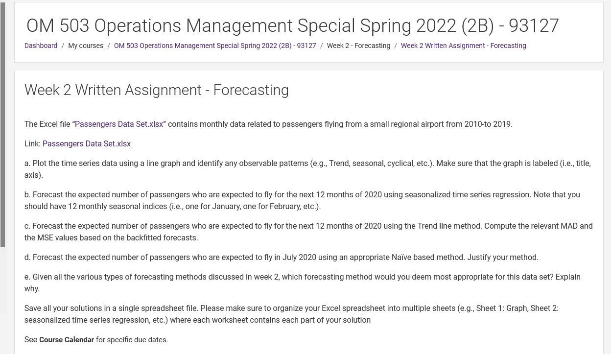 OM 503 Operations Management Special Spring 2022 (2B) | Chegg.com