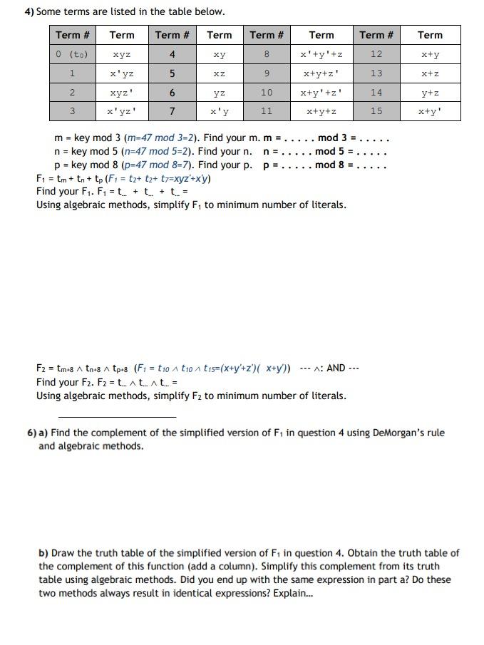 Solved 4) Some terms are listed in the table below. m= key | Chegg.com
