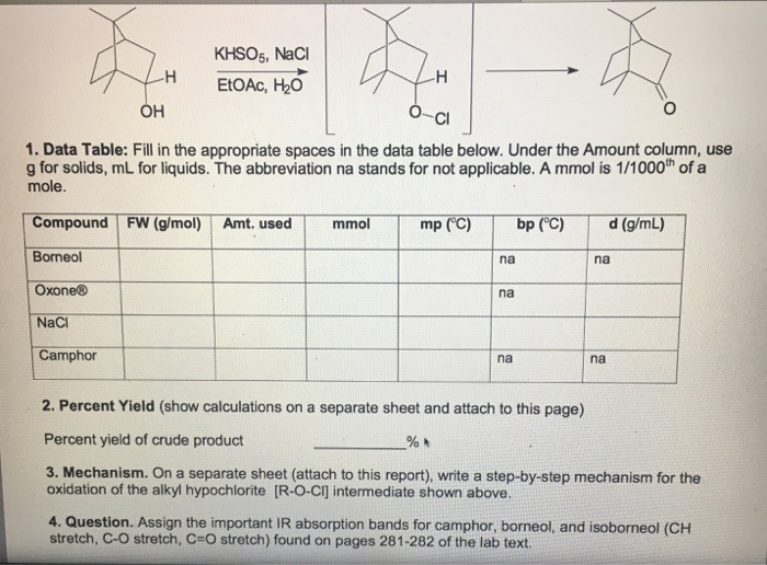 Solved KHSO5, NaCl OH Cl 1. Data Table: Fill in the | Chegg.com