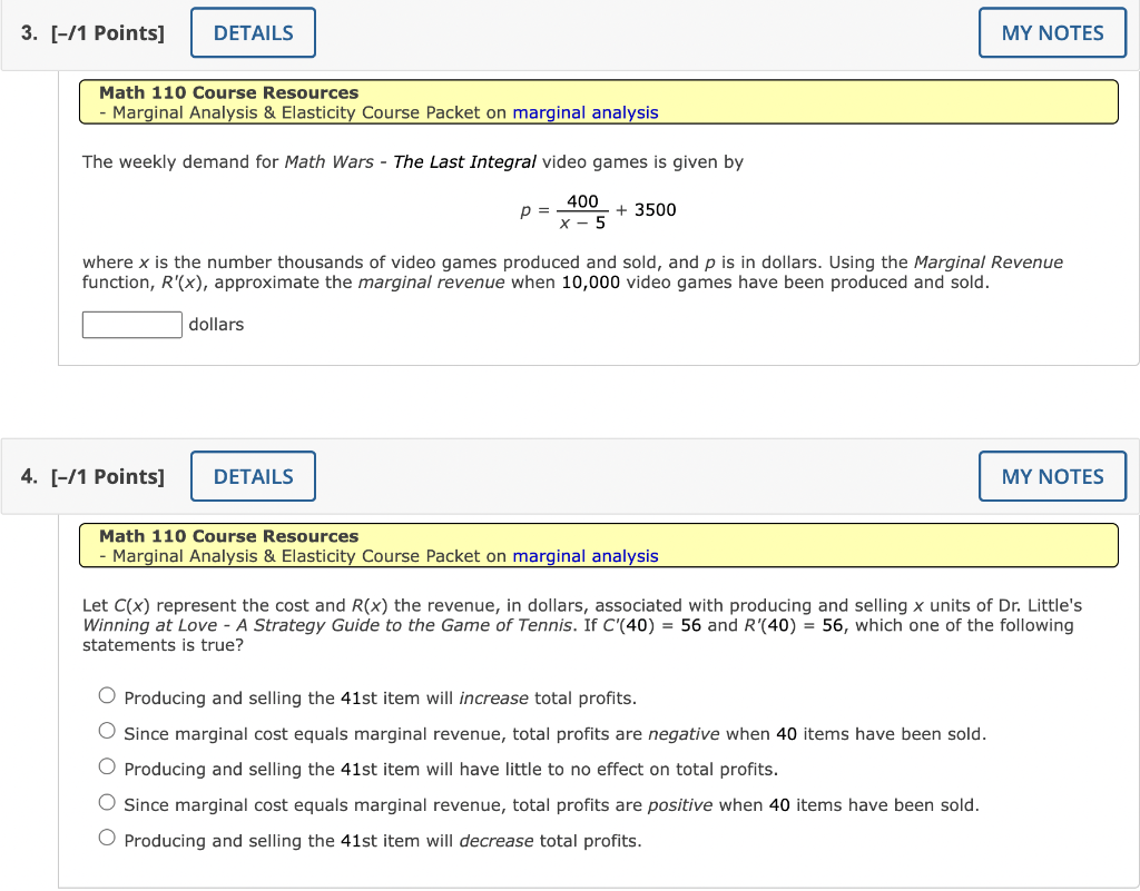 Solved Math 110 Course Resources - Marginal Analysis \& | Chegg.com