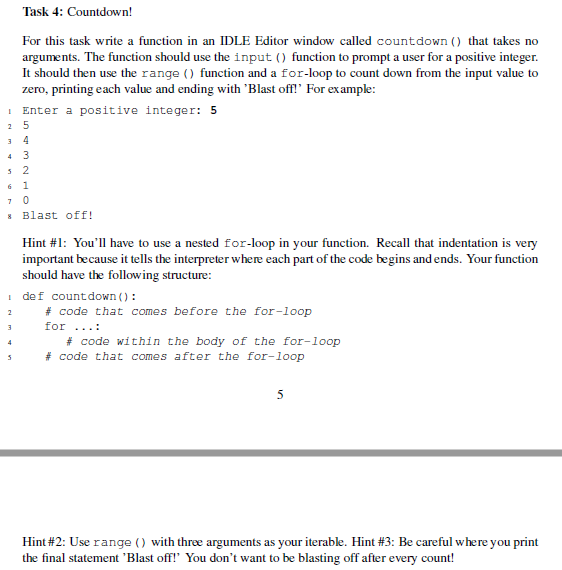 Solved Task 4: Countdown! For this task write a function in | Chegg.com