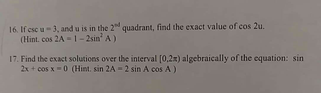 Solved 16. If csc u 3, and u is in the 2nd quadrant, find | Chegg.com