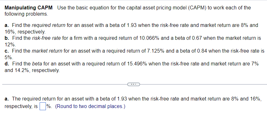 Solved Manipulating CAPM Use the basic equation for the | Chegg.com