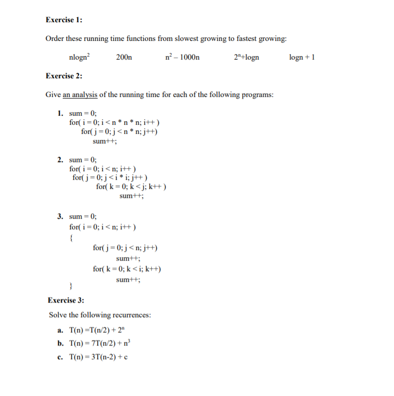 Solved Exercise 1: Order these running time functions from | Chegg.com