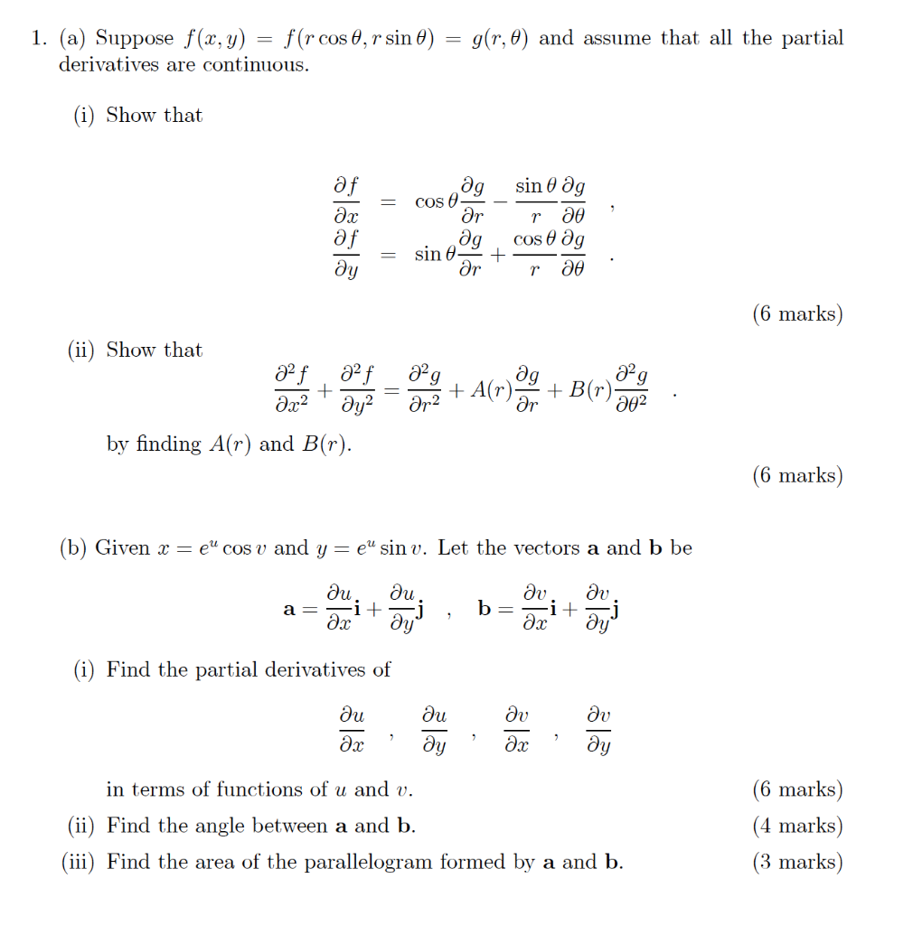 Solved 1. (a) Suppose f(x, y) = f(rcos 6, r sin 8) = g(r, 0) | Chegg.com