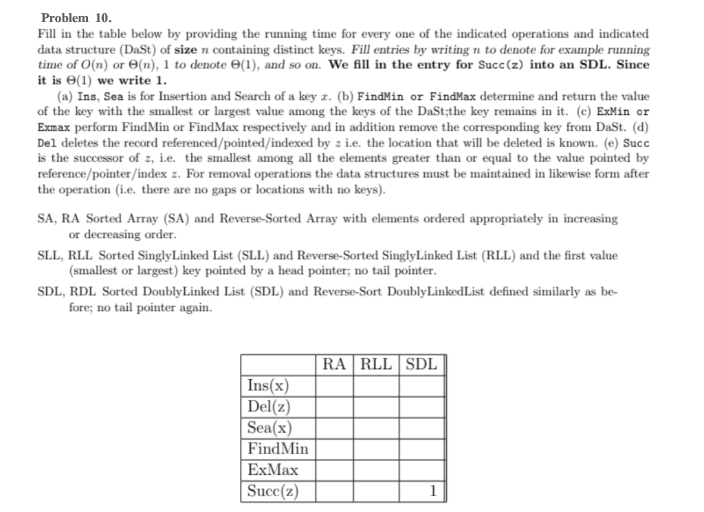 Solved Problem 10. Fill in the table below by providing the | Chegg.com