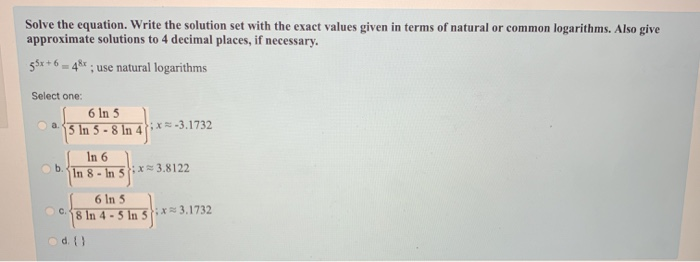Solved Solve the equation. Write the solution set with the | Chegg.com