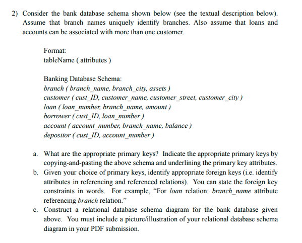 Solved 2) Consider the bank database schema shown below (see | Chegg.com