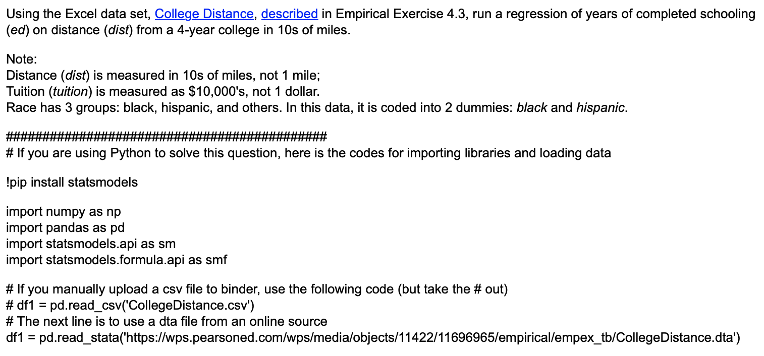 Solved Using the Excel data set, College Distance, described | Chegg.com