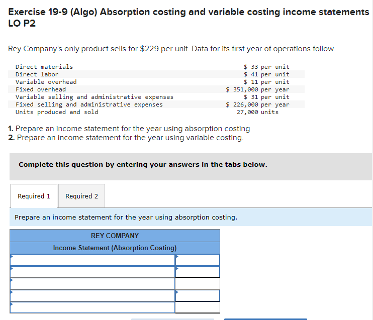 Solved Exercise 19-9 (Algo) Absorption costing and variable | Chegg.com